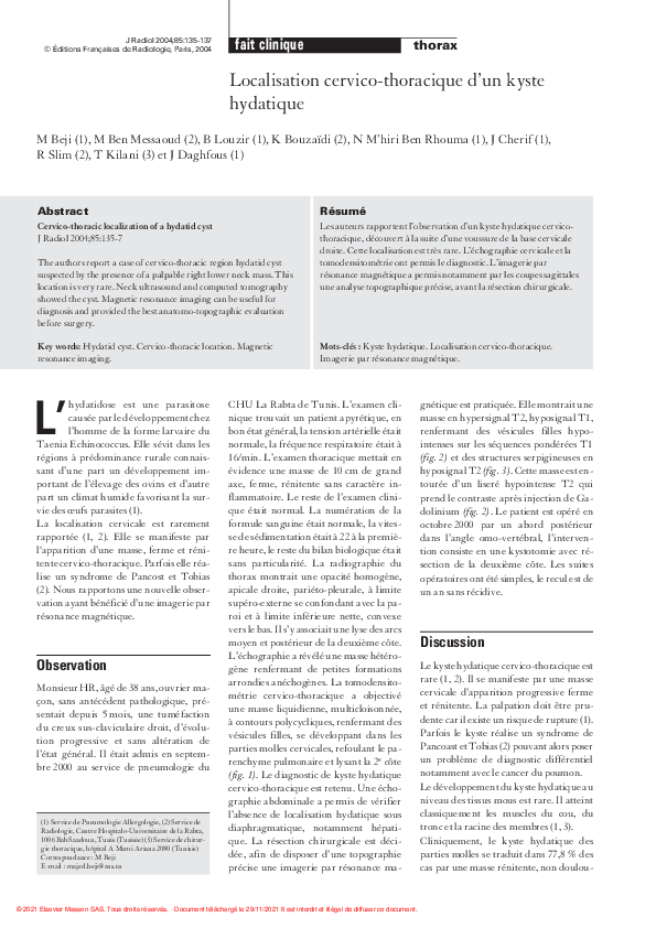 (PDF) Localisation cervico-thoracique d’un kyste hydatique