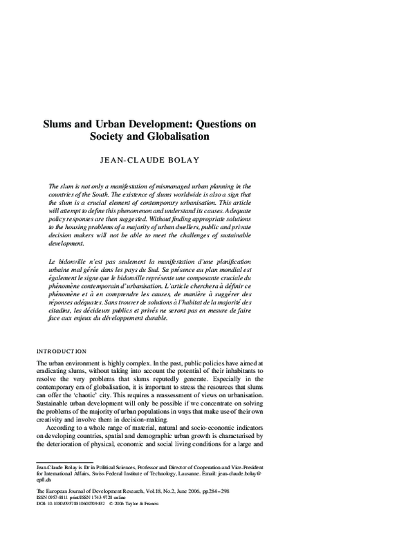 (PDF) Slums and Urban Development: Questions on Society and Globalisation