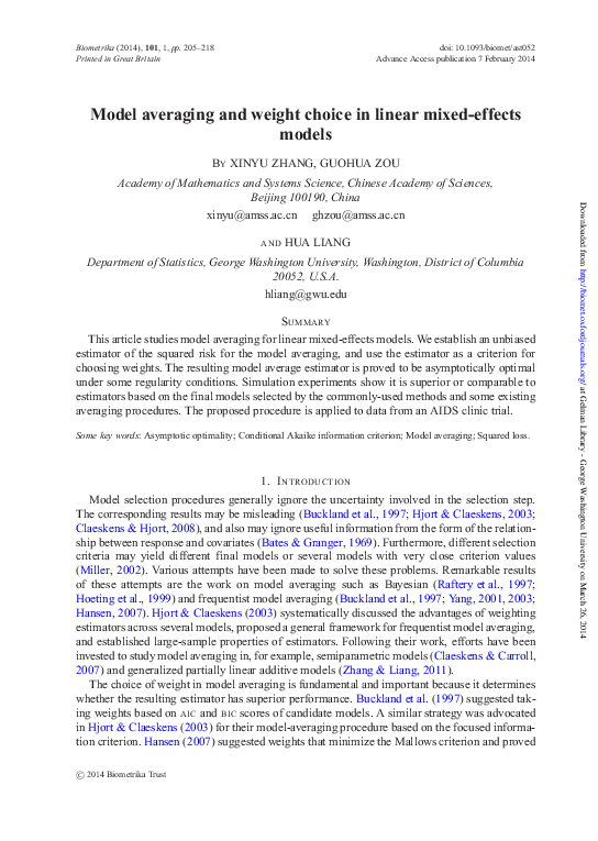 (PDF) Model averaging and weight choice in linear mixed-effects models