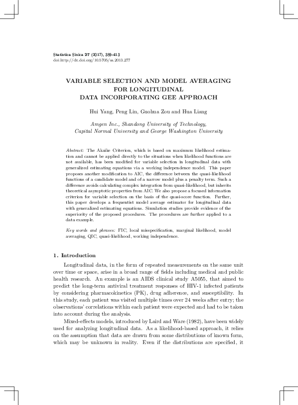 Pdf Variable Selection And Model Averaging For Longitudinal Data