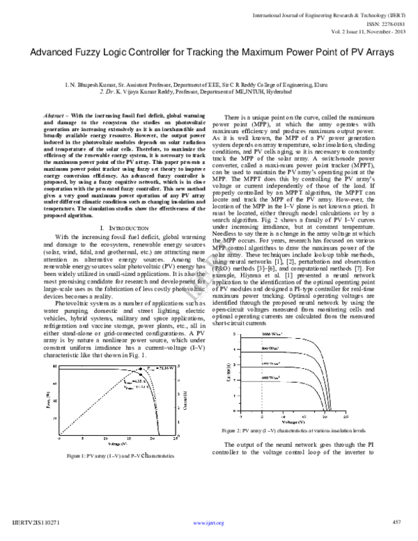 Pdf Advanced Fuzzy Logic Controller For Tracking The Maximum Power Point Of Pv Arrays