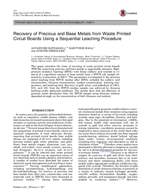 (PDF) Recovery of Precious and Base Metals from Waste Printed Circuit ...