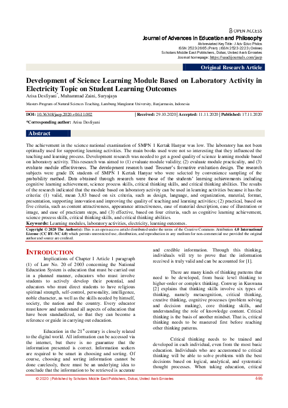 (PDF) Development of Science Learning Module Based on Laboratory Activity in Electricity Topic ...
