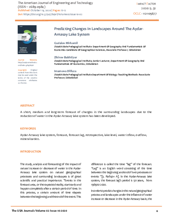 (PDF) Predicting Changes In Landscapes Around The Aydar-Arnasay Lake System | Bakhtiyor Zikirov ...