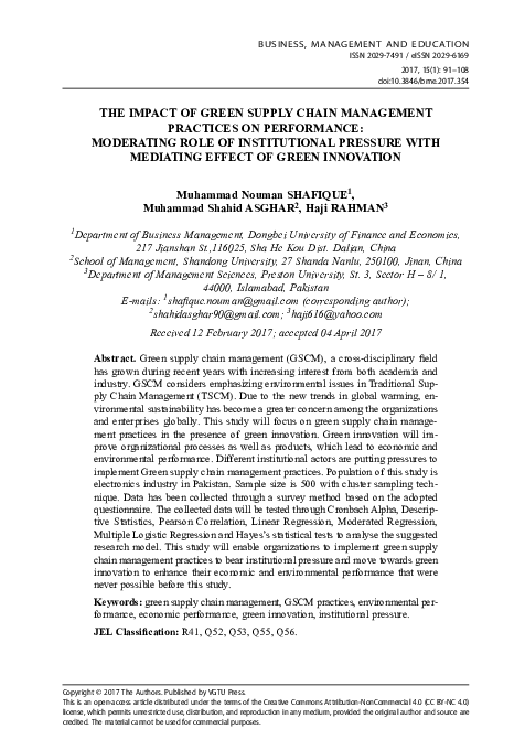 (PDF) The Impact of Green Supply Chain Management Practices on Performance: Moderating Role of ...