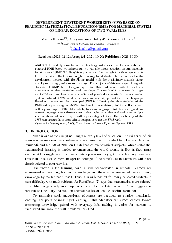 (PDF) Development of Student Worksheets (SWS) Based on Realistic ...