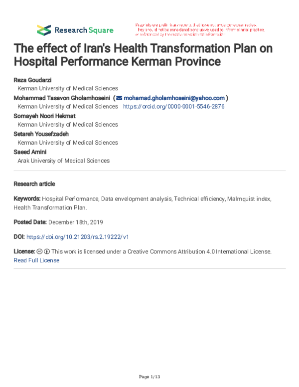(PDF) The effect of Iran's Health Transformation Plan on Hospital ...
