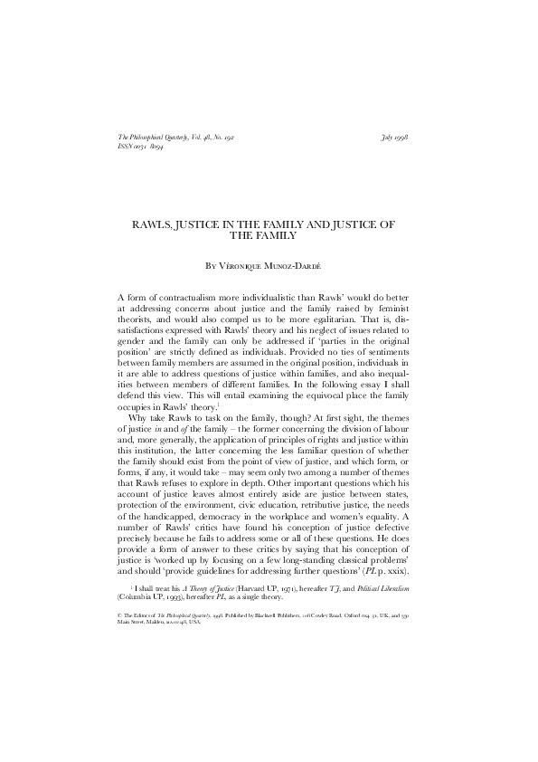 (PDF) Rawls, Justice in the Family and Justice of the Family