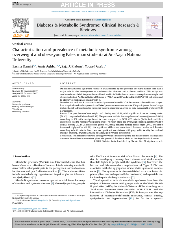 (PDF) Characterization and prevalence of metabolic syndrome among ...