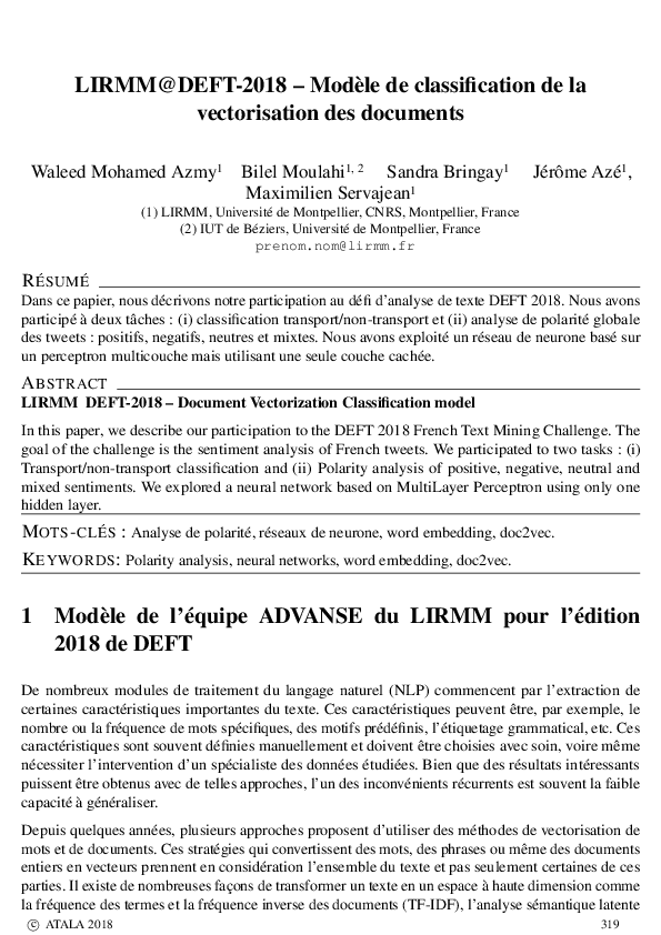 (PDF) LIRMM@DEFT-2018 – Modèle de classification de la vectorisation ...