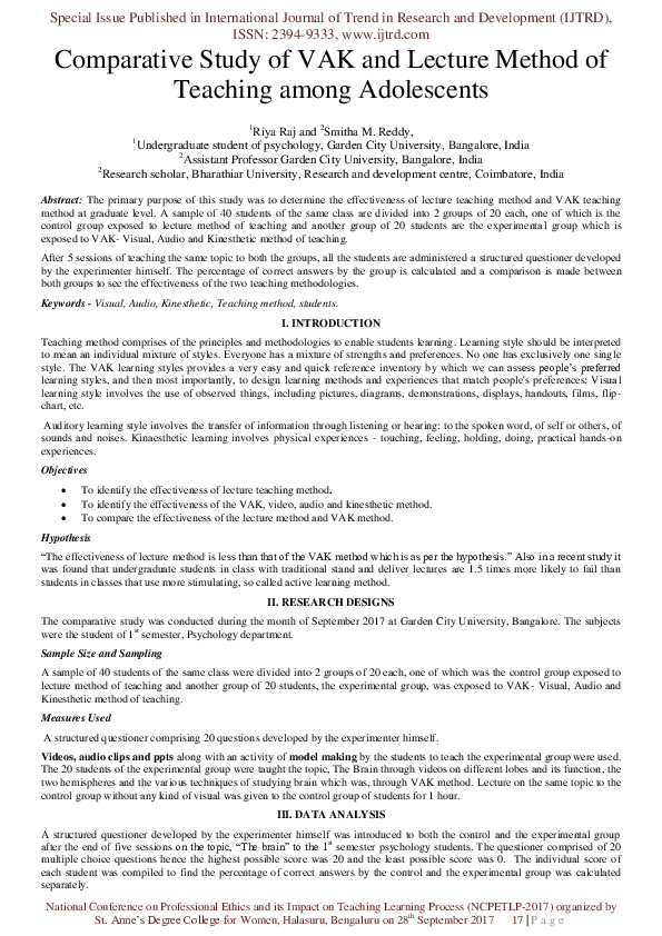 (PDF) Comparative Study of VAK and Lecture Method of Teaching among ...