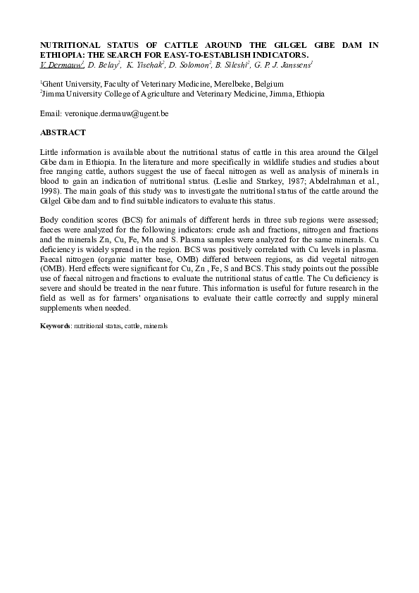 Pdf Nutritional Status Of Cattle Around The Gilgel Gibe Dam In Ethiopia The Search For Easy