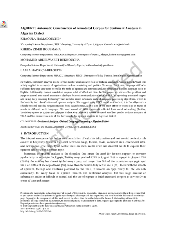 (PDF) AlgBERT: Automatic Construction of Annotated Corpus for Sentiment Analysis in Algerian Dialect