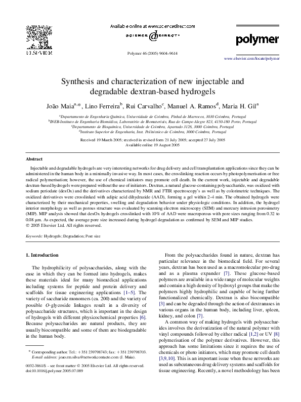 (PDF) Synthesis and characterization of new injectable and degradable dextran-based hydrogels ...