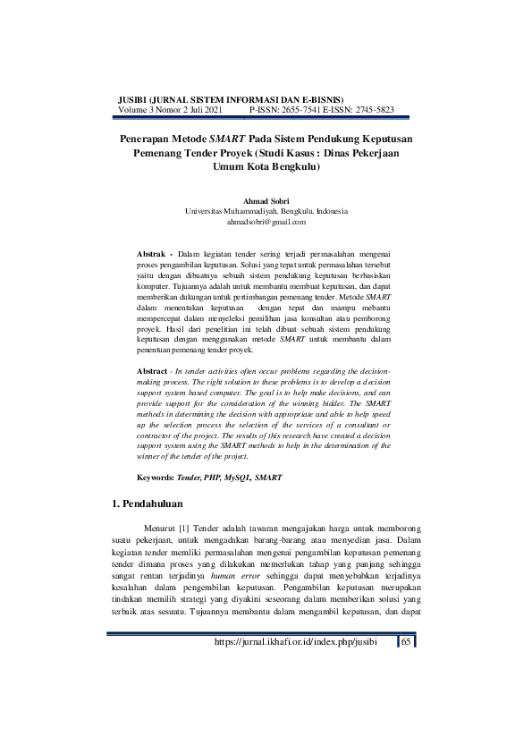 (PDF) Penerapan Metode SMART Pada Sistem Pendukung Keputusan Pemenang Tender Proyek Pada Dinas ...