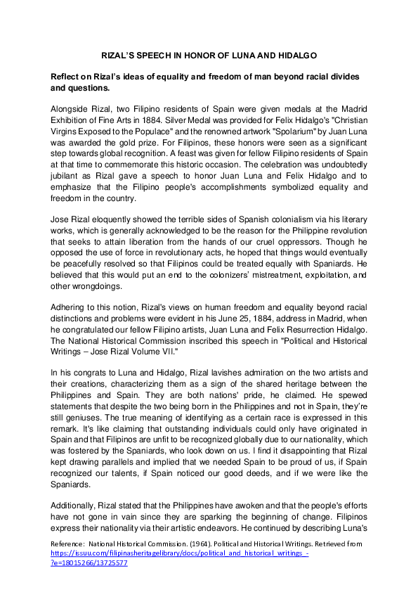 (PDF) RIZAL’S SPEECH IN HONOR OF LUNA AND HIDALGO