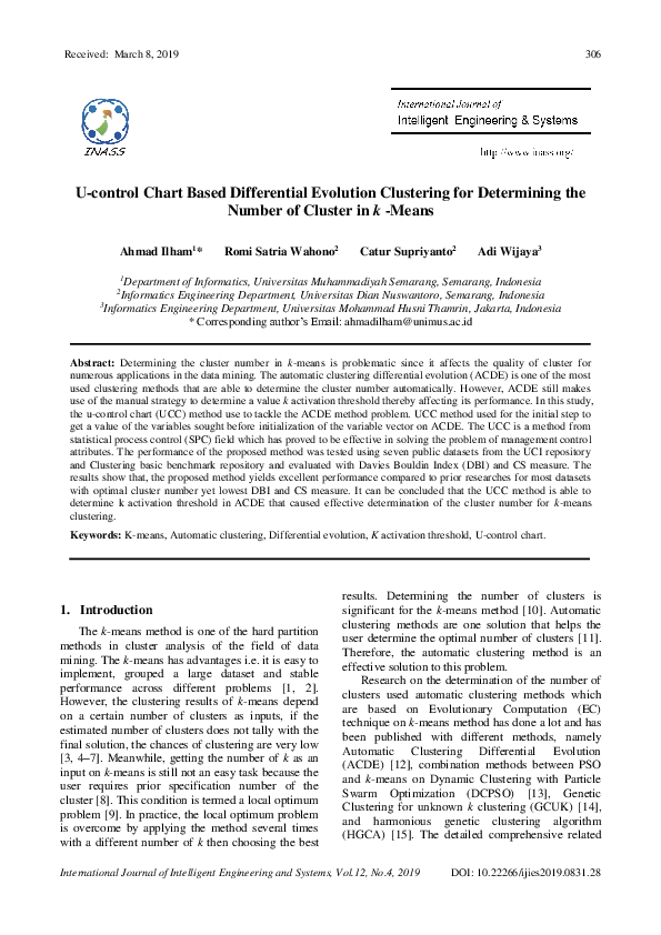 (PDF) U-control Chart Based Differential Evolution Clustering for Determining the Number of ...