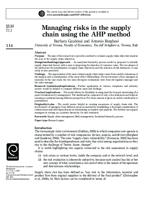 (PDF) Managing risks in the supply chain using the AHP method