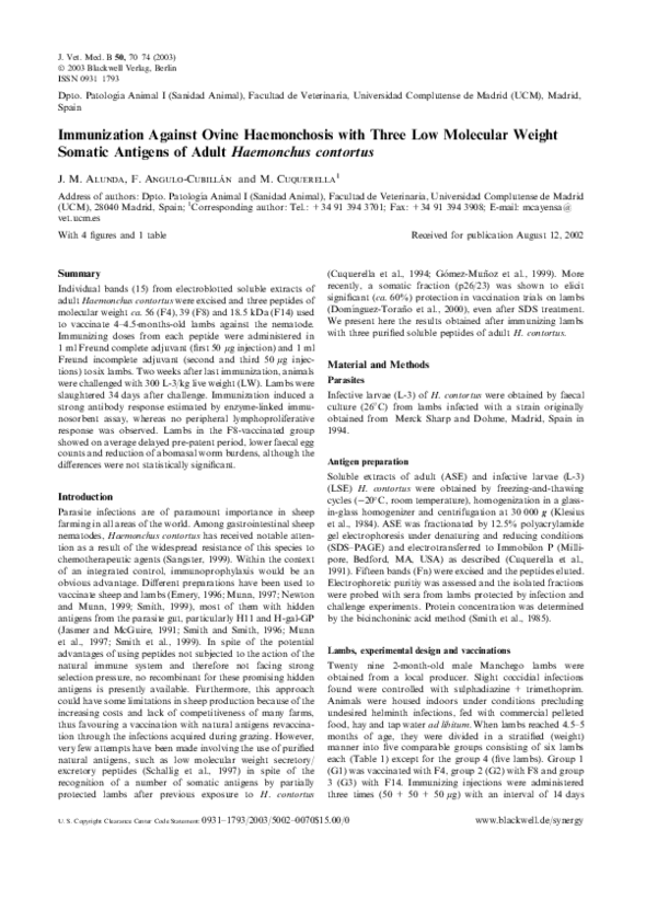 (PDF) Immunization Against Ovine Haemonchosis with Three Low Molecular ...