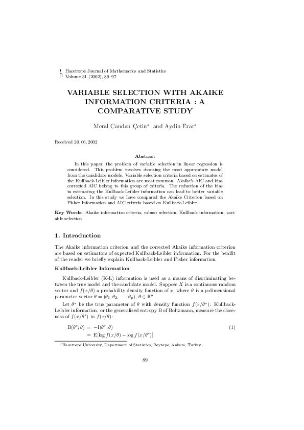 Pdf Variable Selection With Akaike Information Criteria A