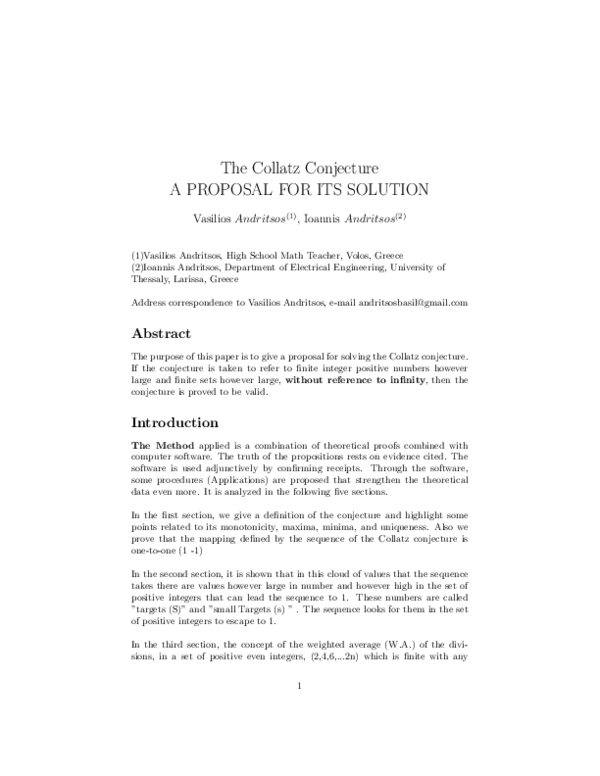 (PDF) The Collatz Conjecture A PROPOSAL FOR ITS SOLUTION