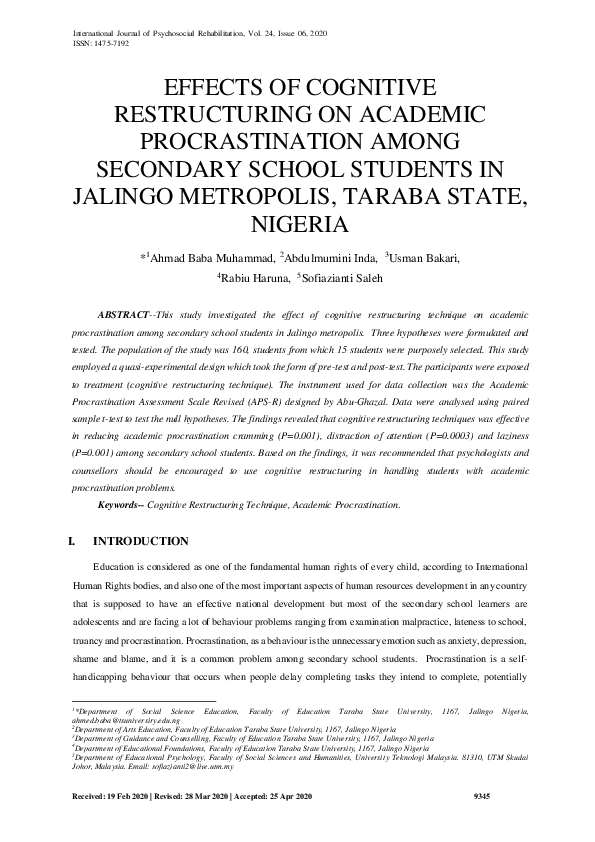 Pdf Effects Of Cognitive Restructuring On Academic Procrastination Among Secondary School