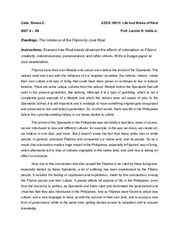 (PDF) Reflection Paper: The Indolence of the Filipino