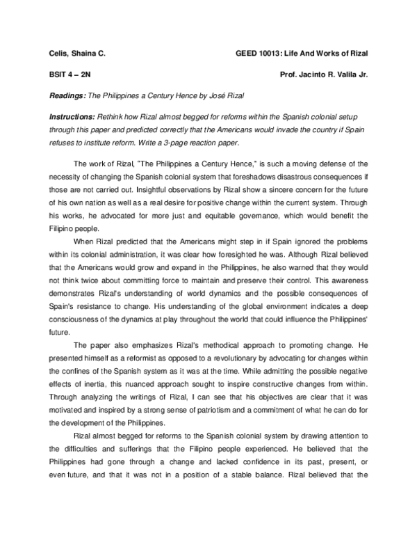 (PDF) Reflection Paper: The Philippines a Century Hence