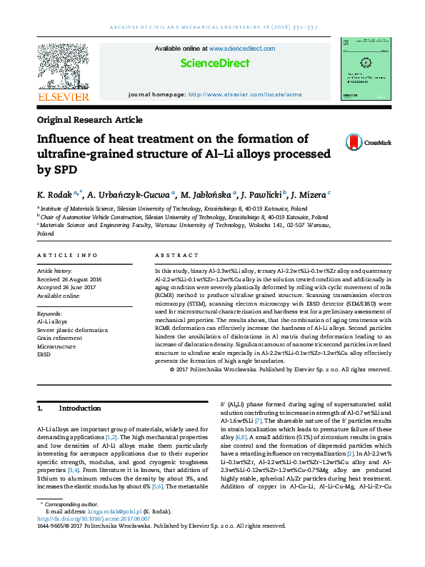 (PDF) Influence of heat treatment on the formation of ultrafine-grained structure of Al–Li ...