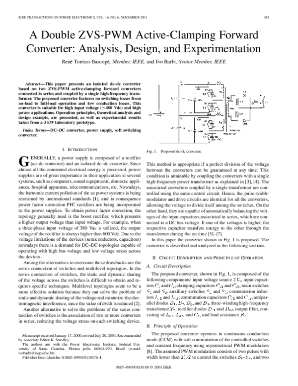 (PDF) A double ZVS-PWM active-clamping forward converter: analysis, design, and experimentation