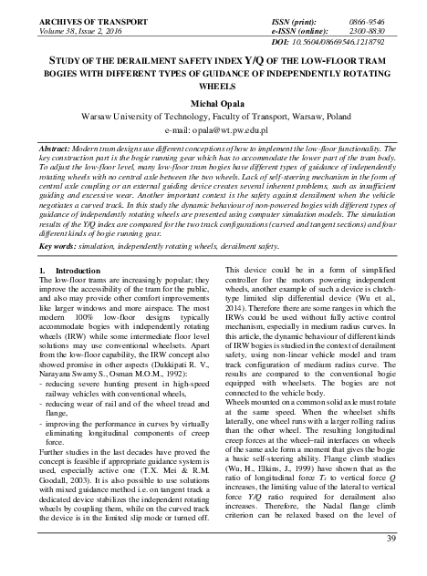 (PDF) Study of the derailment safety index Y/Q of the low-floor tram ...