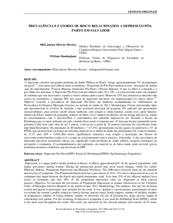 (PDF) Prevalência e Fatores De Risco Relacionados a Depressão Pós-Parto ...