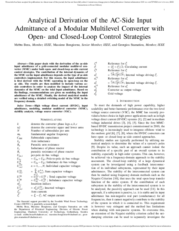 (PDF) Analytical Derivation of the AC-Side Input Admittance of a Modular Multilevel Converter ...