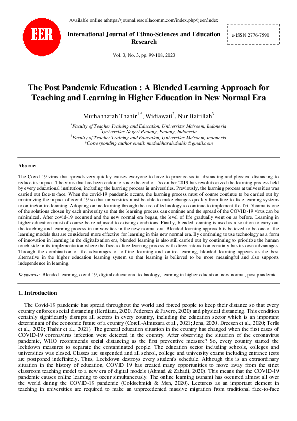 (PDF) The Post Pandemic Education : A Blended Learning Approach For ...