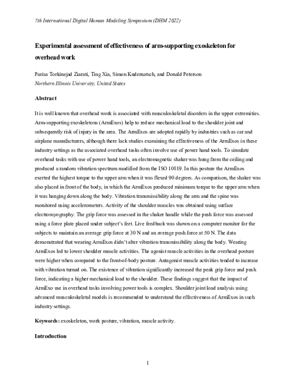 (PDF) Experimental assessment of effectiveness of arm-supporting exoskeleton for overhead work