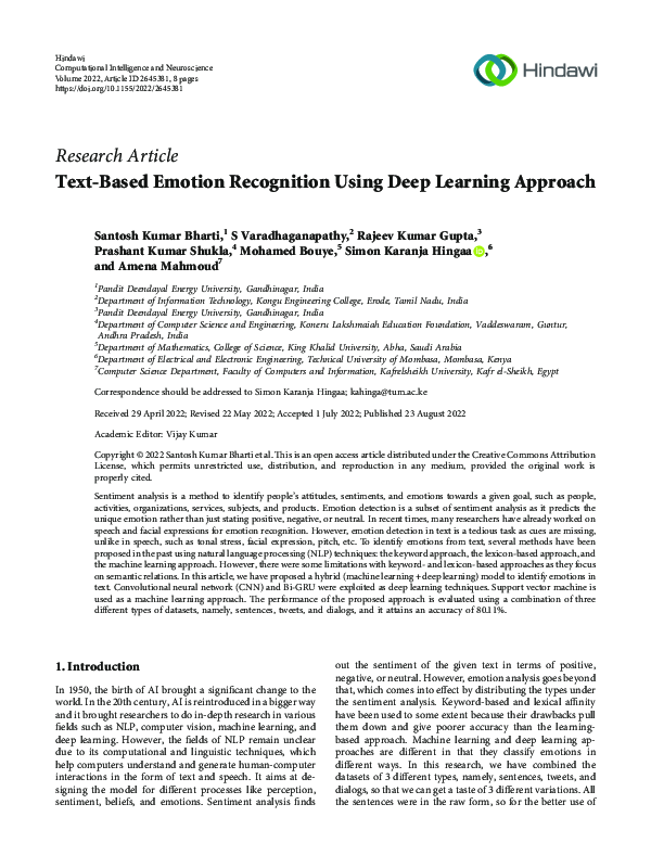 (PDF) Text-Based Emotion Recognition Using Deep Learning Approach