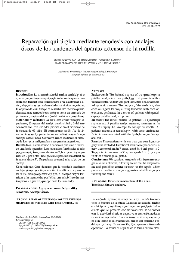 (PDF) Reparación quirúrgica mediante tenodesis con anclajes óseos de ...