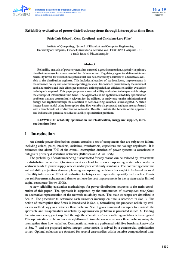 (PDF) Reliability evaluation of power distribution systems through interruption time flows