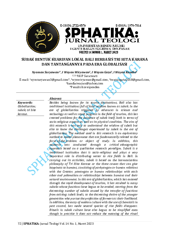 (PDF) Subak Bentuk Kearifan Lokal Bali Berbasis Tri Hita Karana dan Tantangannya pada Era ...