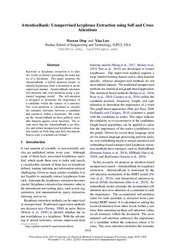 Pdf Attentionrank Unsupervised Keyphrase Extraction Using Self And Cross Attentions Haoran