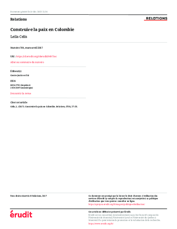 (PDF) Construire la paix en Colombie