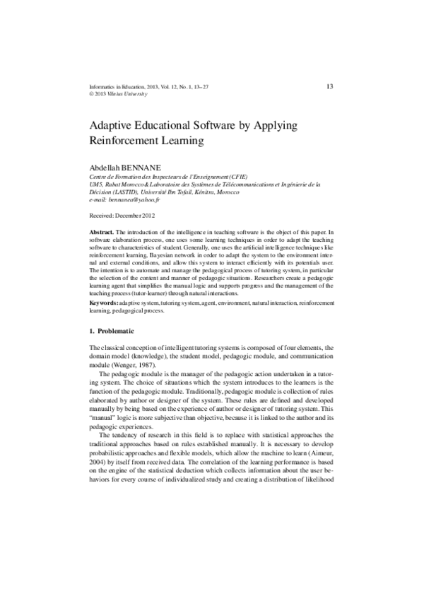 (PDF) Adaptive Educational Software by Applying Reinforcement Learning