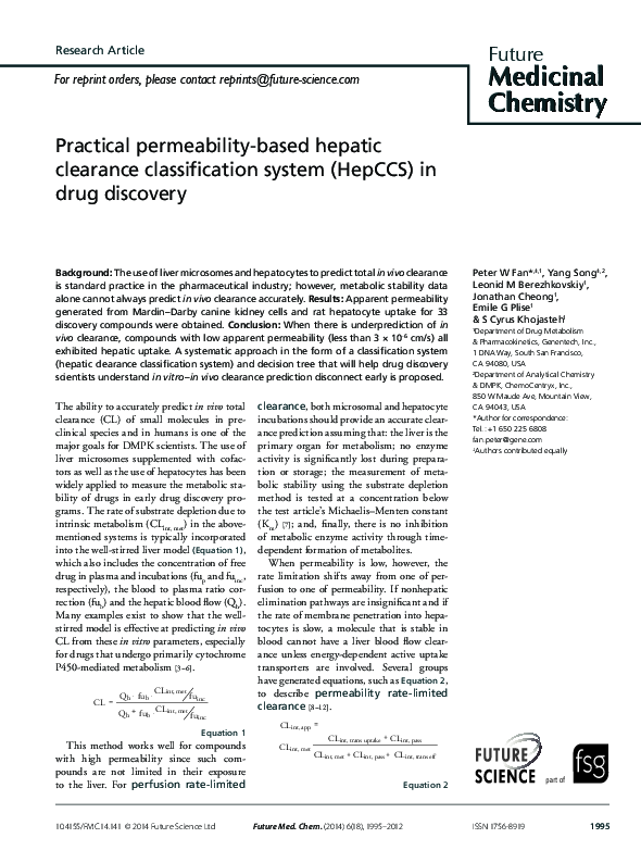 (PDF) Practical permeability-based hepatic clearance classification ...