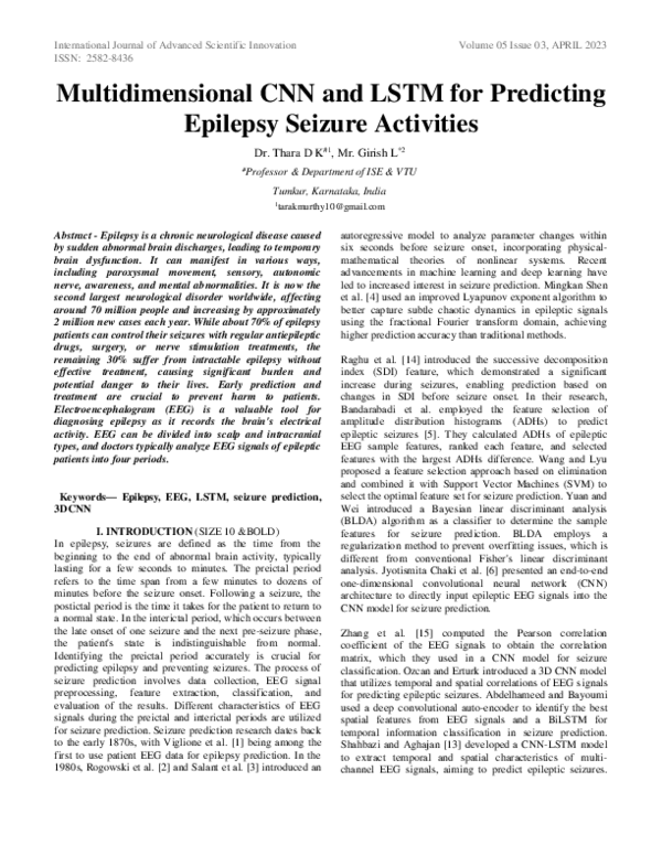 Pdf Multidimensional Cnn And Lstm For Predicting Epilepsy Seizure Activities