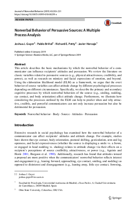 (PDF) Nonverbal Behavior of Persuasive Sources: A Multiple Process Analysis