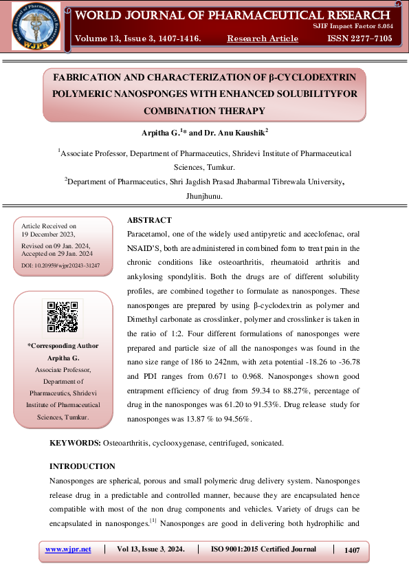 Pdf Fabrication And Characterization Of β Cyclodextrin Polymeric Nanosponges With Enhanced