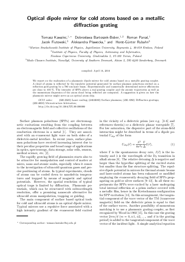 (PDF) Optical dipole mirror for cold atoms based on a metallic diffraction grating