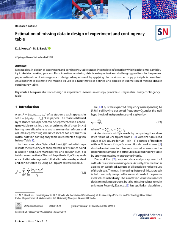(PDF) Estimation of missing data in design of experiment and contingency table