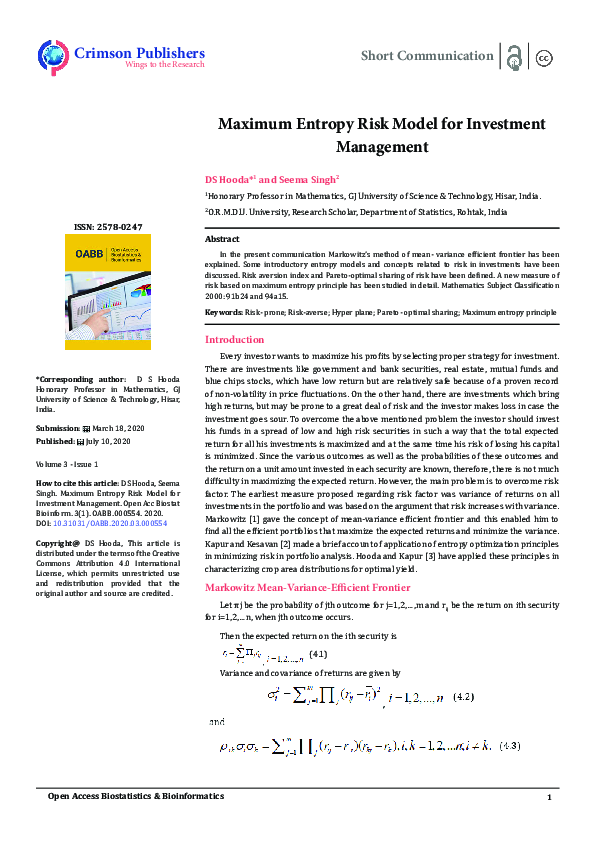 (PDF) Maximum Entropy Risk Model for InvestmentManagement
