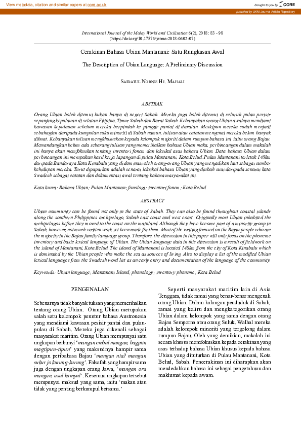 (PDF) Cerakinan bahasa Ubian Mantanani: satu rungkasan awal